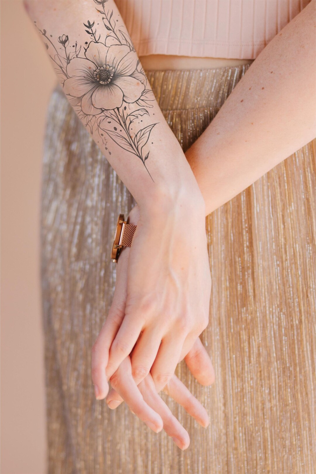 Refined Floral Tattoo, Black Ink Tattoo, Temporary Botanical Tattoo ...