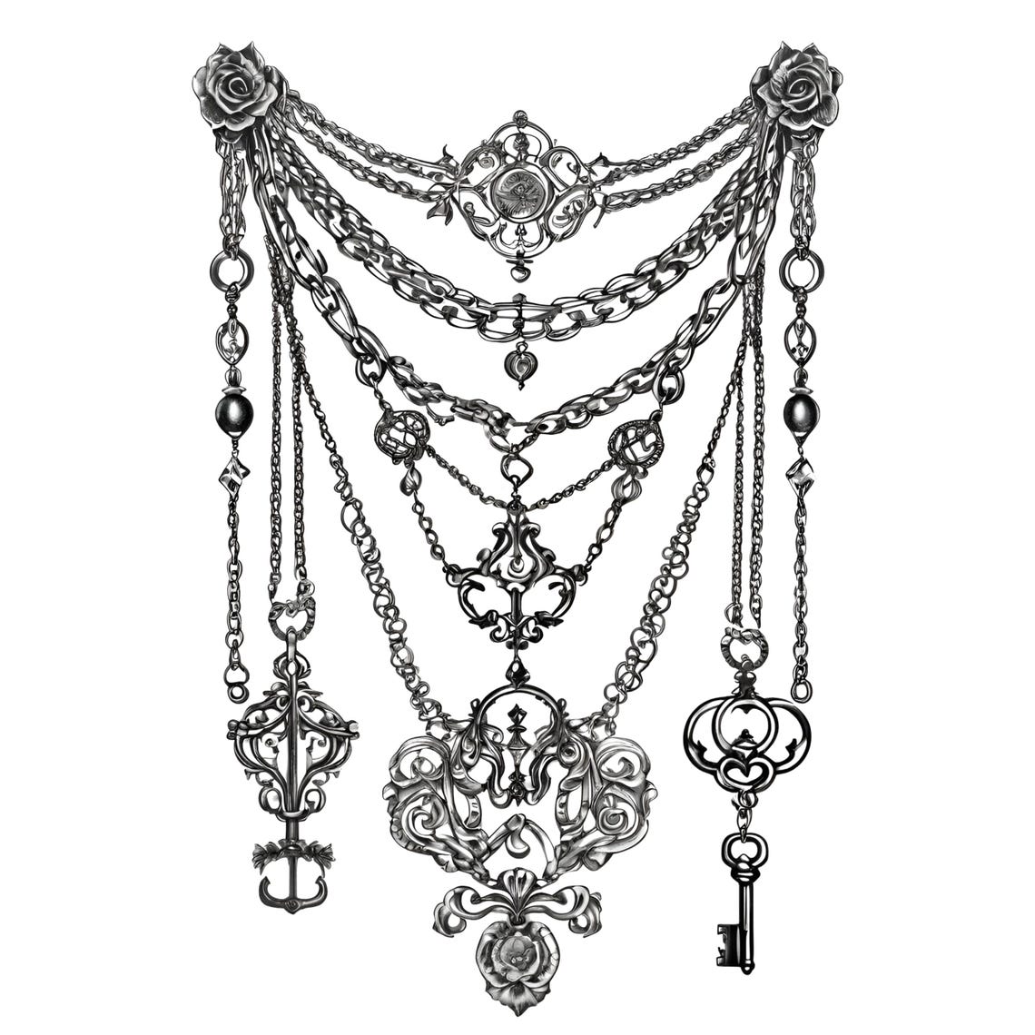 Chain and Key Tattoo, Gothic-inspired Tattoo, Decorative Ornamented ...