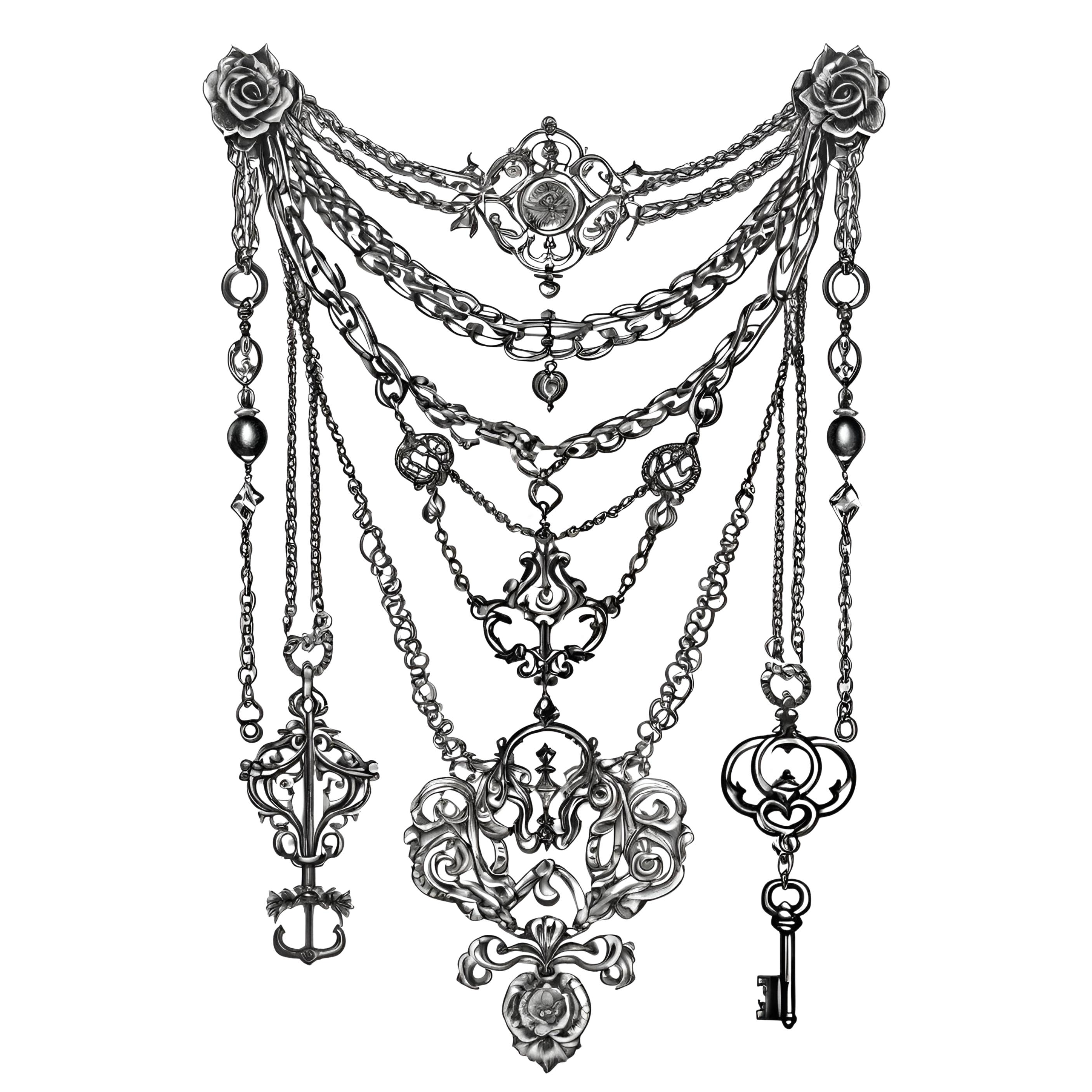 Chain and Key Tattoo, Gothic-inspired Tattoo, Decorative Ornamented ...