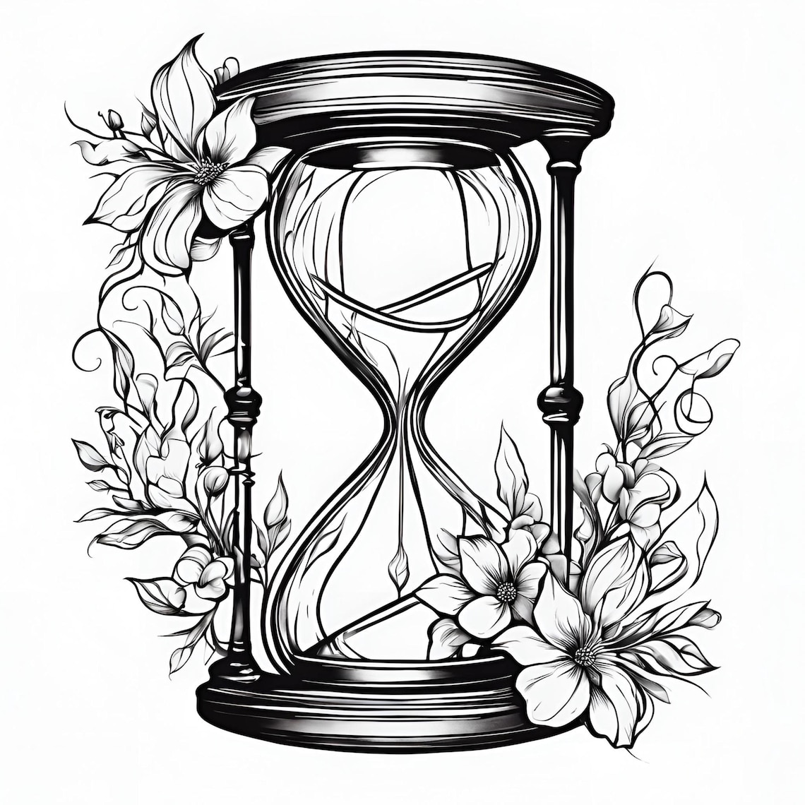 Floral Hourglass Tattoo, Artistic Time Symbol Tattoo, Black and White ...