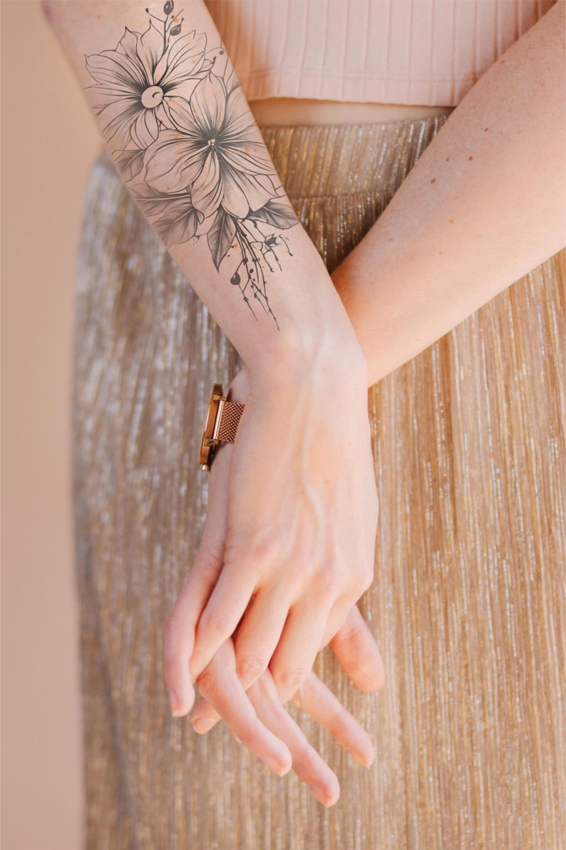 Classic Black Flower Tattoo, Elegant Flower Tattoo, Ornate Floral Arm ...