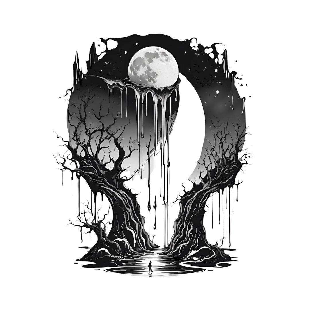 Gothic Tree and Moon Tattoo, Dark Landscape Tattoo, Black Ink Tattoo ...