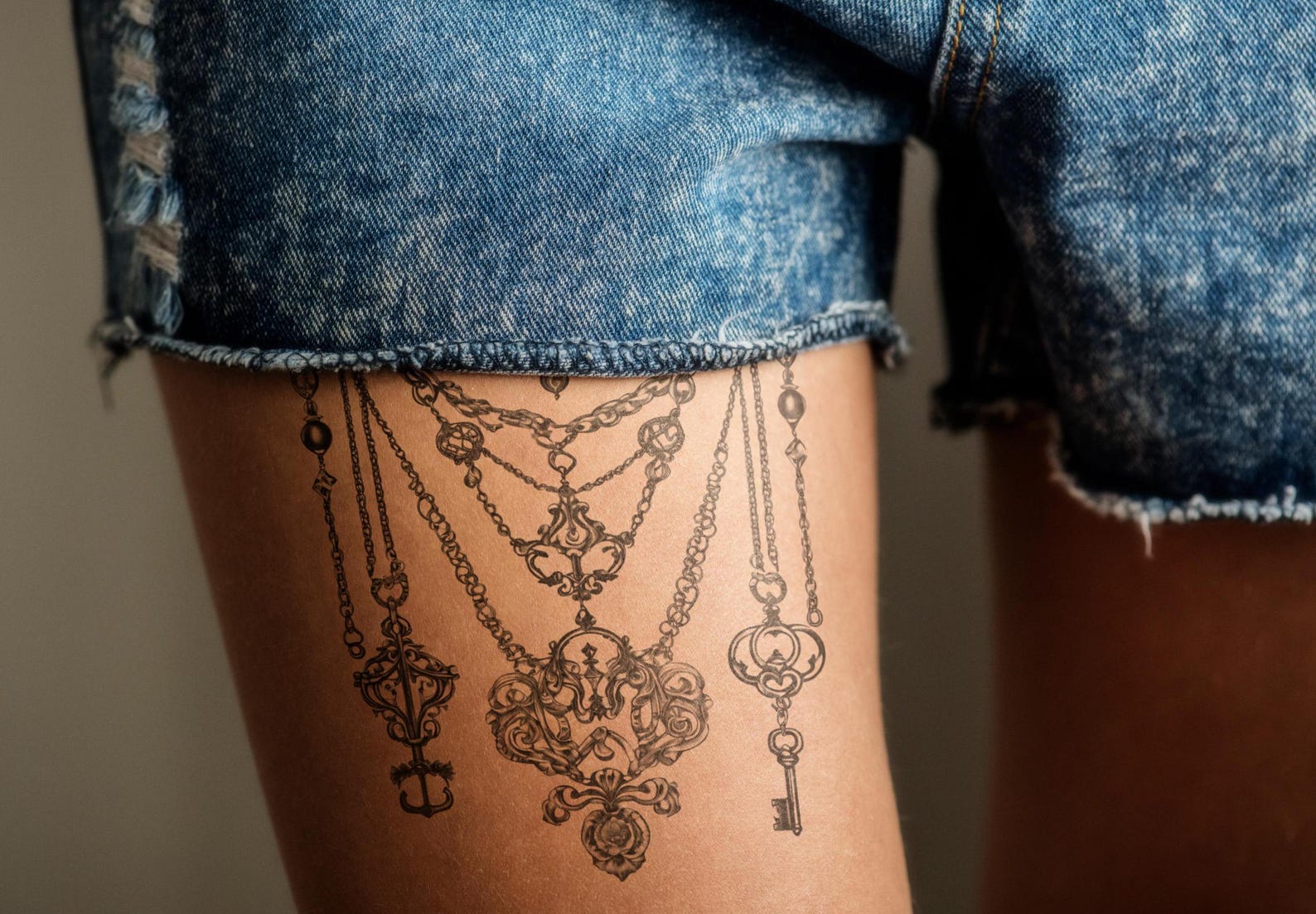 Chain and Key Tattoo, Gothic-inspired Tattoo, Decorative Ornamented ...
