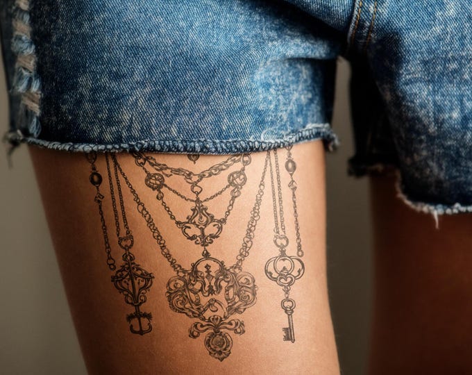Chain and Key Tattoo, Gothic-inspired Tattoo, Decorative Ornamented ...