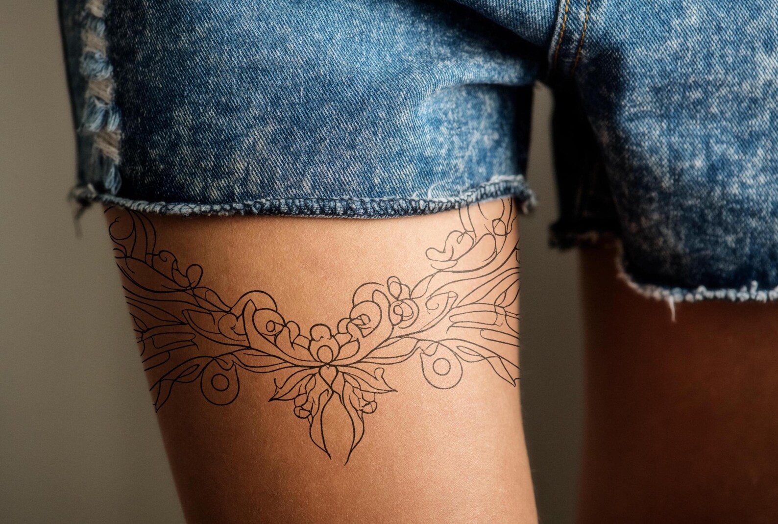 Ornate Botanical Line Tattoo, Elegant Flower and Vine Tattoo, Artistic ...