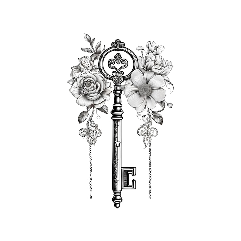 Key and Flower Tattoo, Vintage Botanical Tattoo, Ornate Tattoo Design ...