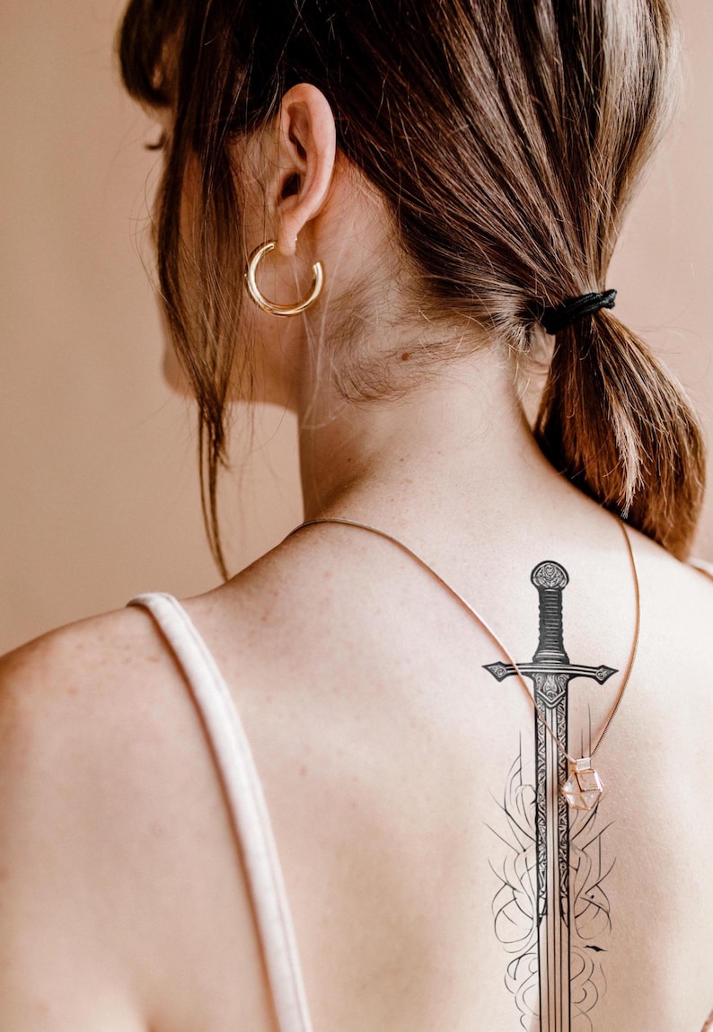 Fine Line Sword Tattoo, Detailed Blade Tattoo Art, Medieval Themed ...