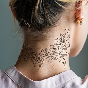 Ornate Botanical Line Tattoo, Elegant Flower and Vine Tattoo, Artistic ...