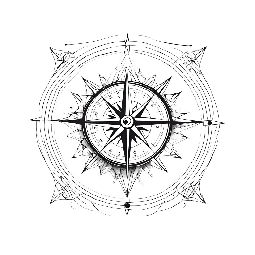 Fine Line Compass Tattoo, Black and White Direction Tattoo, Abstract ...