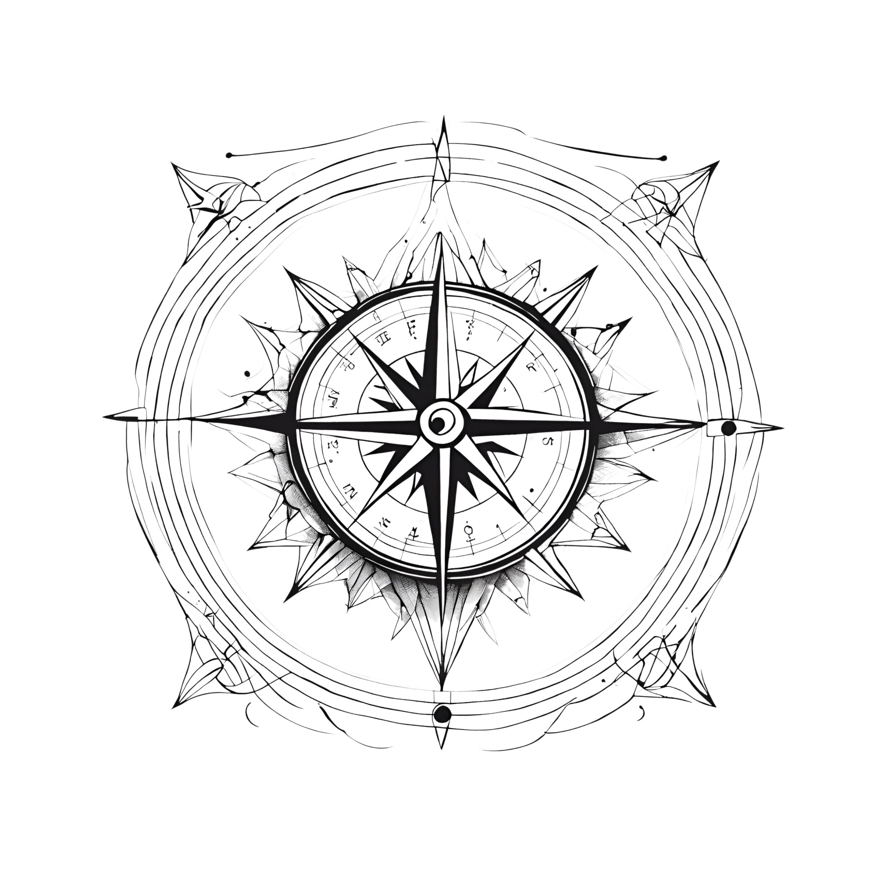 Fine Line Compass Tattoo, Black and White Direction Tattoo, Abstract ...