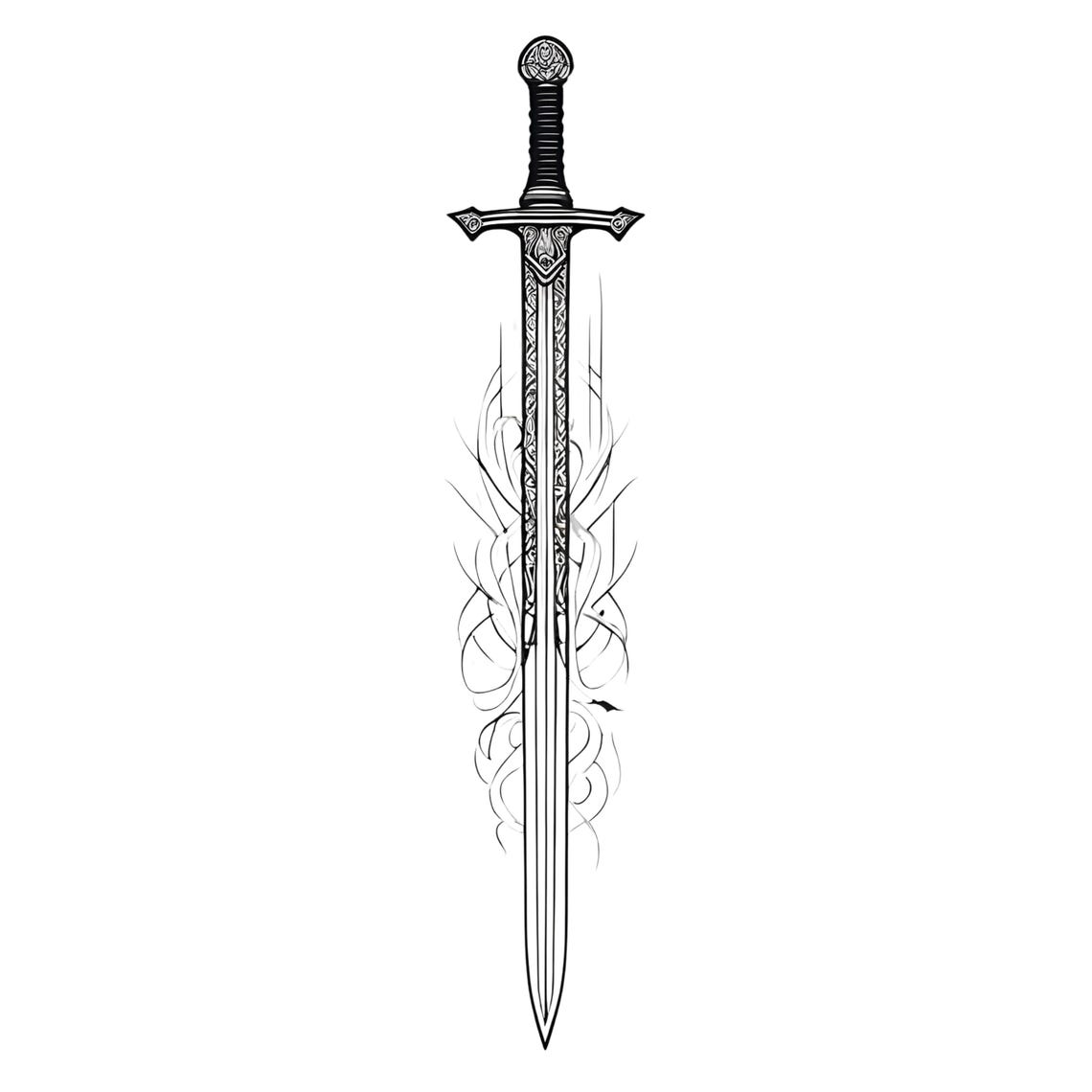Fine Line Sword Tattoo, Detailed Blade Tattoo Art, Medieval Themed ...