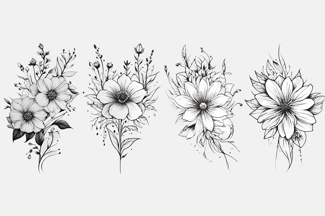 20 Design Flower Tattoo, Elegant Ink Tattoo Set, Nature-inspired Tattoo ...