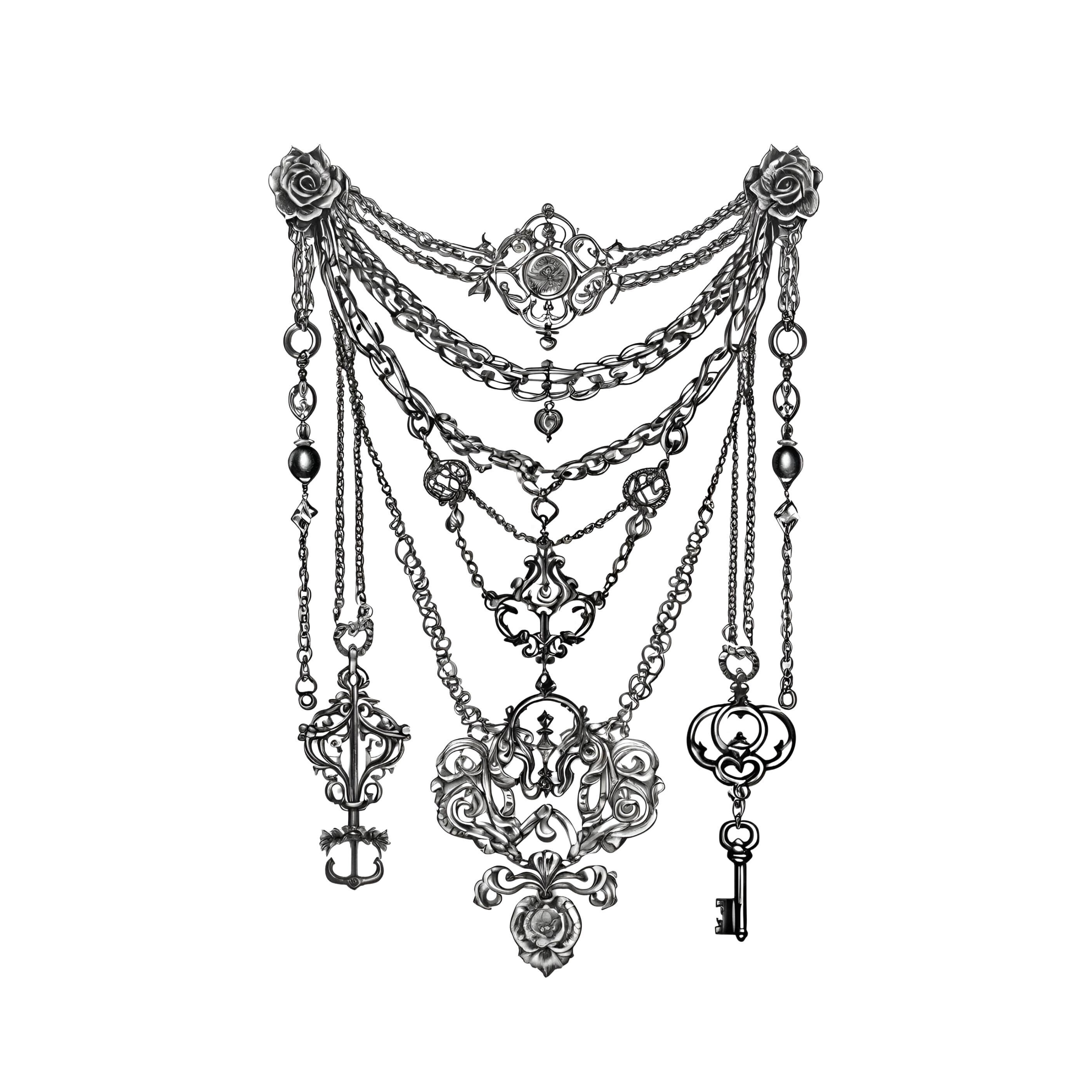 Chain and Key Tattoo, Gothic-inspired Tattoo, Decorative Ornamented ...