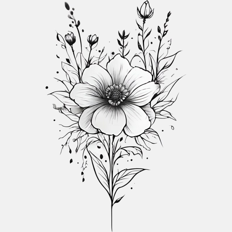 Refined Floral Tattoo, Black Ink Tattoo, Temporary Botanical Tattoo ...