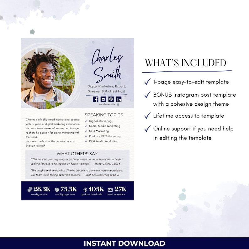 Professional Speaker Template Sheet, Guest Speaker Press Media Kit ...