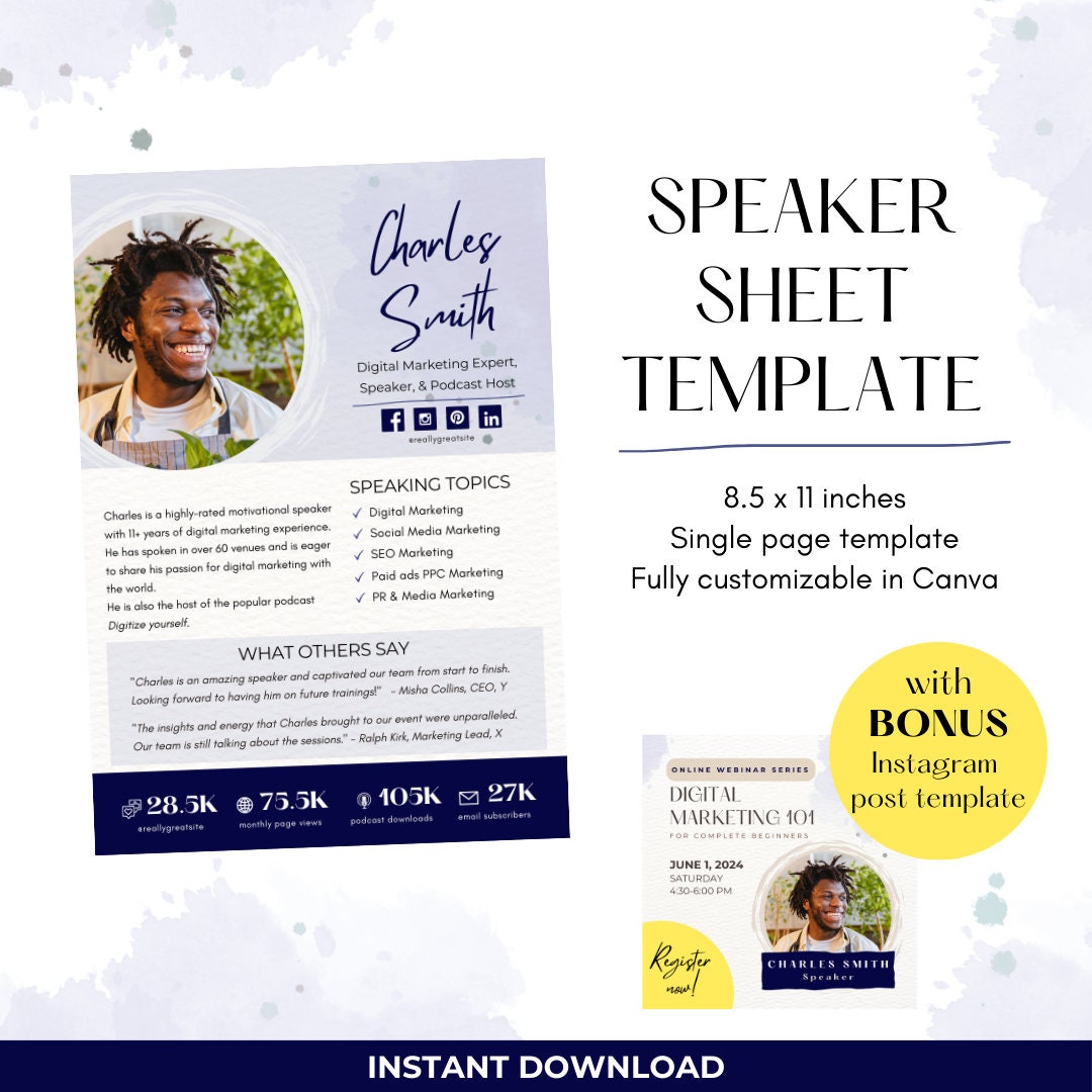 Professional Speaker Template Sheet, Guest Speaker Press Media Kit ...
