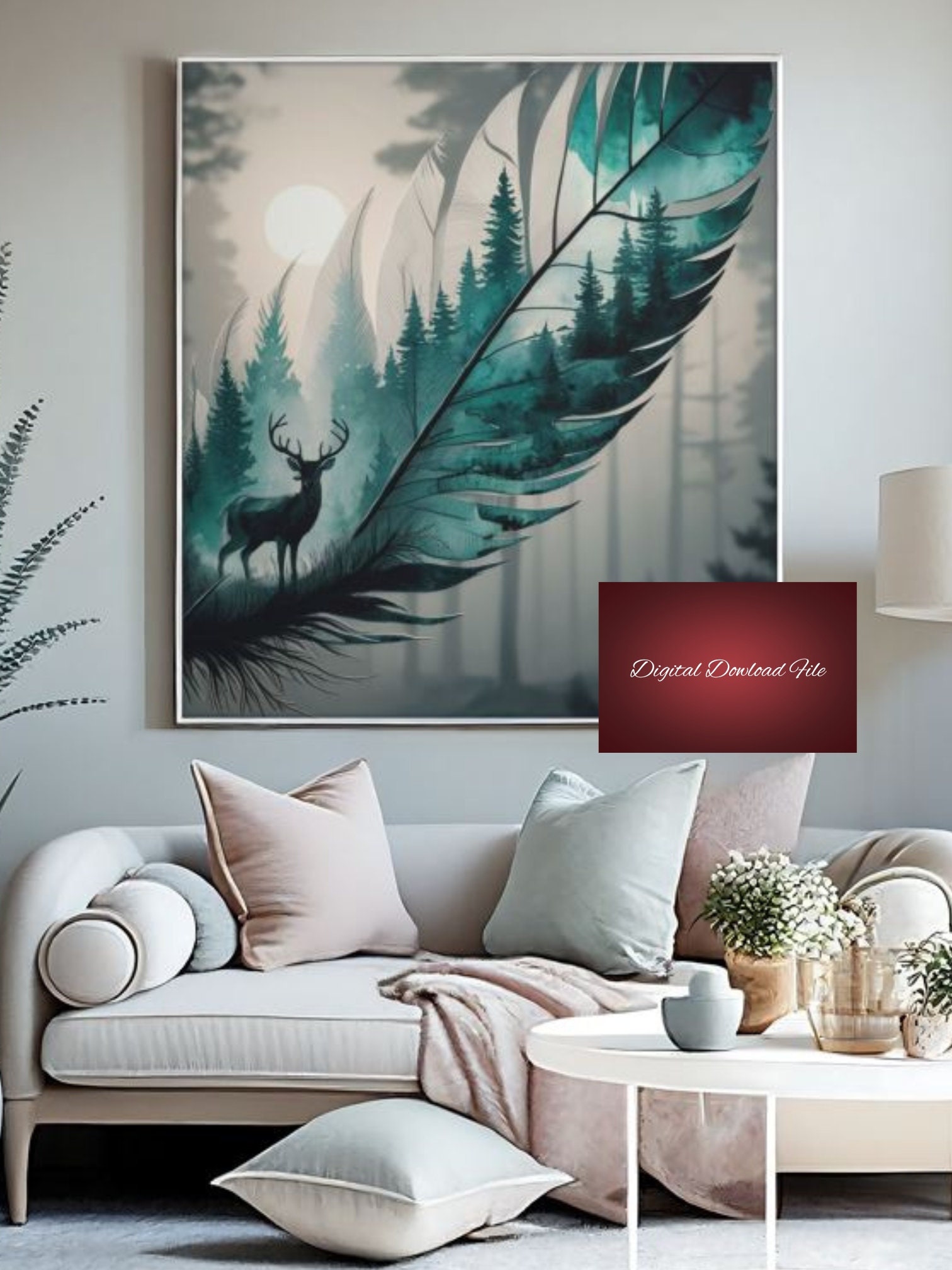 Teal Feather Digital Wall Art for Home or Office Gift AI Created With a ...