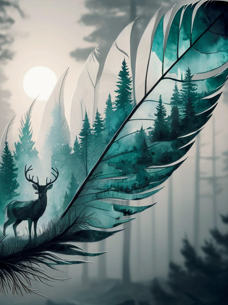 Teal Feather Digital Wall Art for Home or Office Gift AI Created With a ...