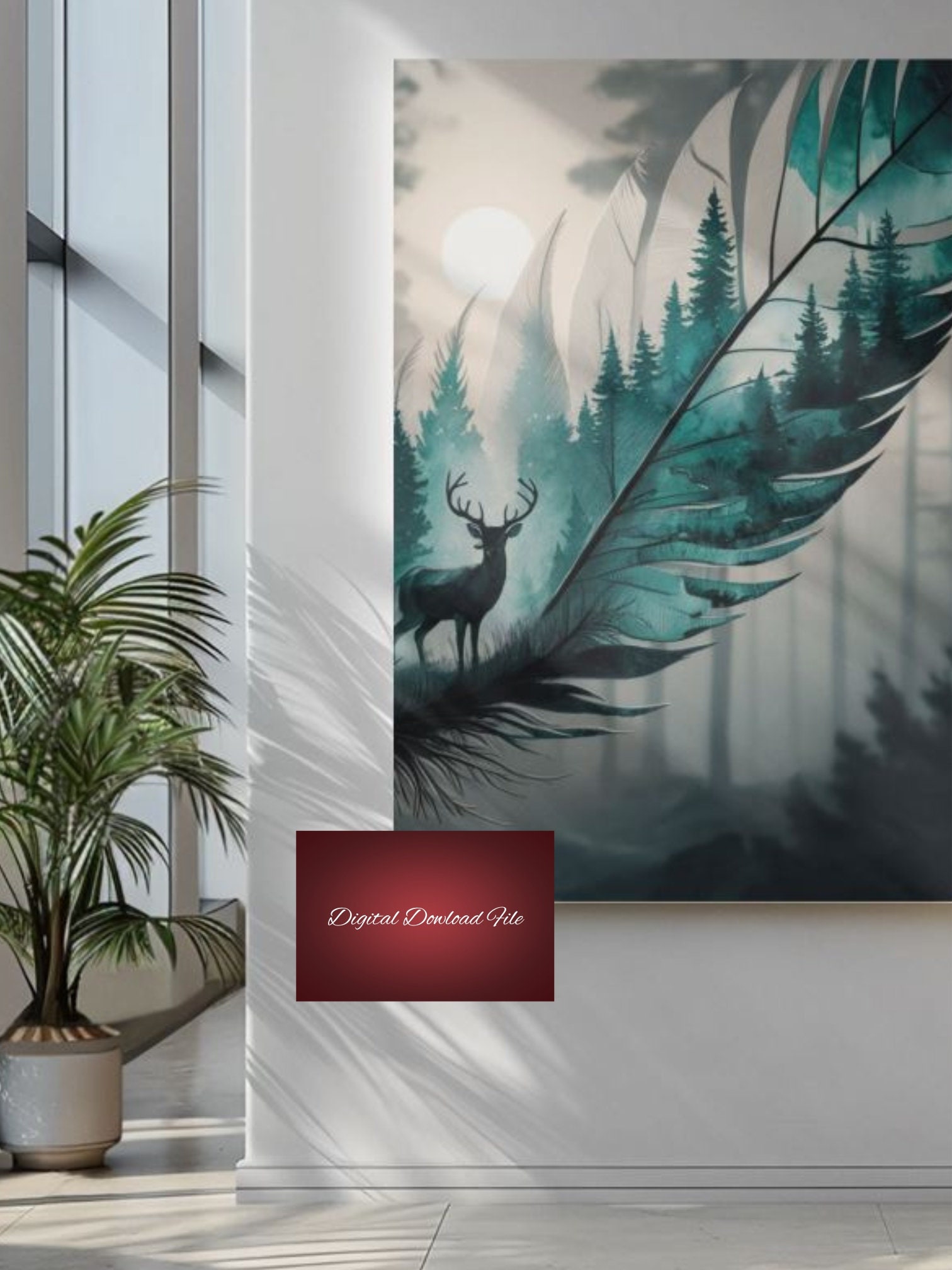 Teal Feather Digital Wall Art for Home or Office Gift AI Created With a ...