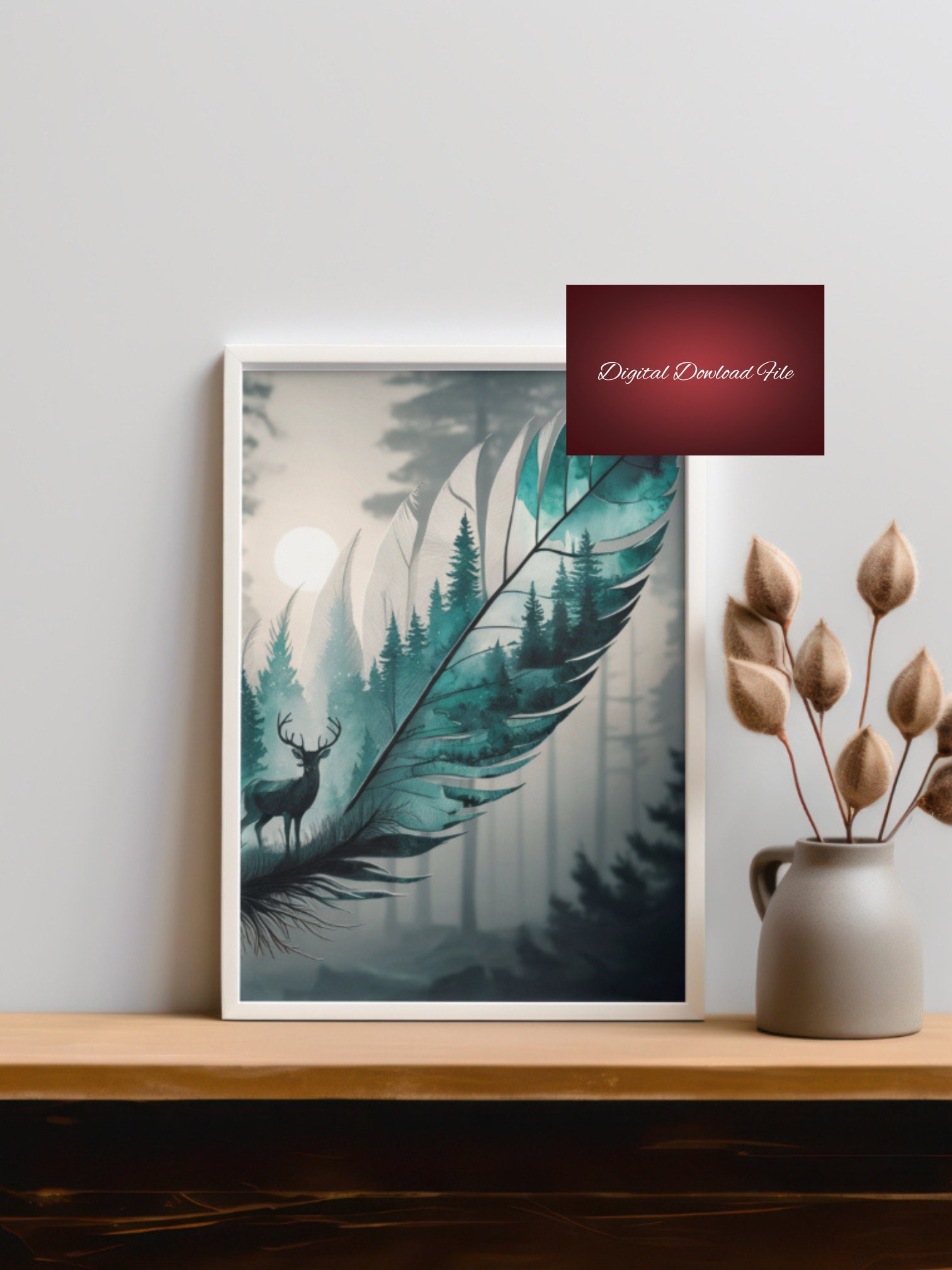 Teal Feather Digital Wall Art for Home or Office Gift AI Created With a ...