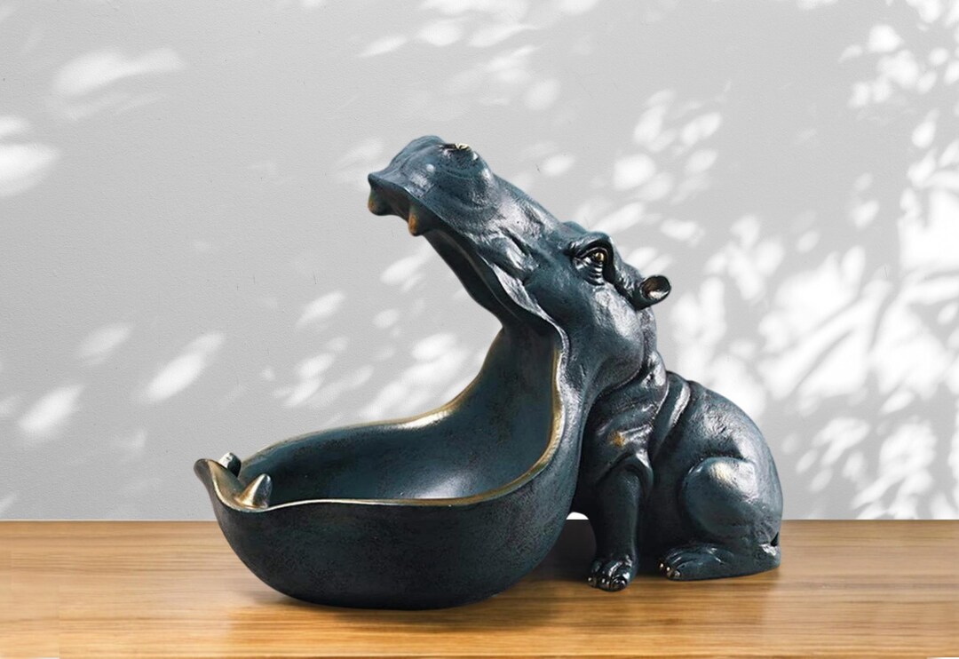 Hippo Statue Sculpture Resin Home Hippopotamus Figurin Candy Dish Big ...
