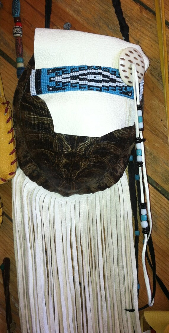 Items similar to Purse Real turtle shell beaded pouch with leather ...