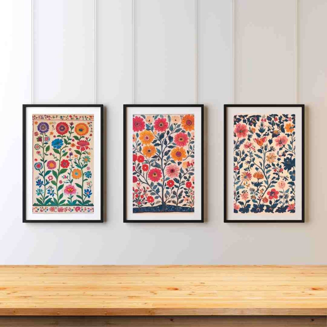 Indian Floral Art Set of 3 Indian Painting Poster AI Digital Download ...