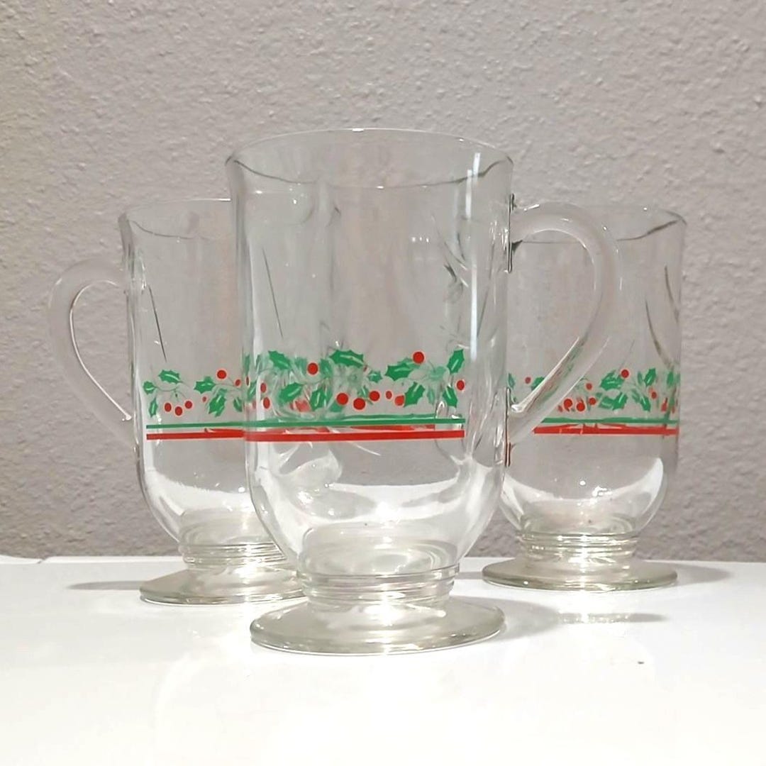 Arbys Christmas Glass Mug Set of 3 Holly Berry Clear Pedestal Colorful ...