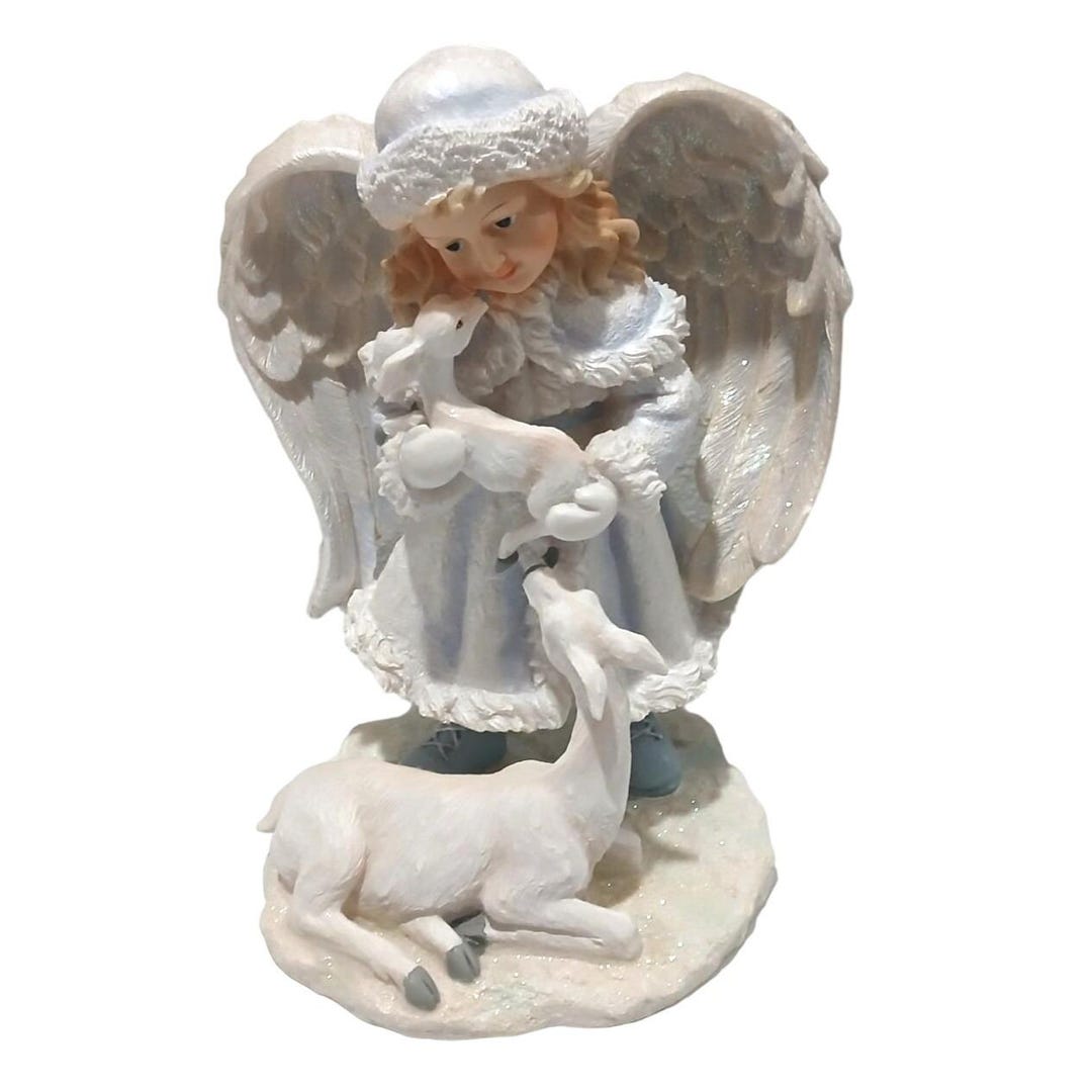Winged Angel Figurine Lamb Deer Ceramic Sculpture 9 Collectible Shimmer ...