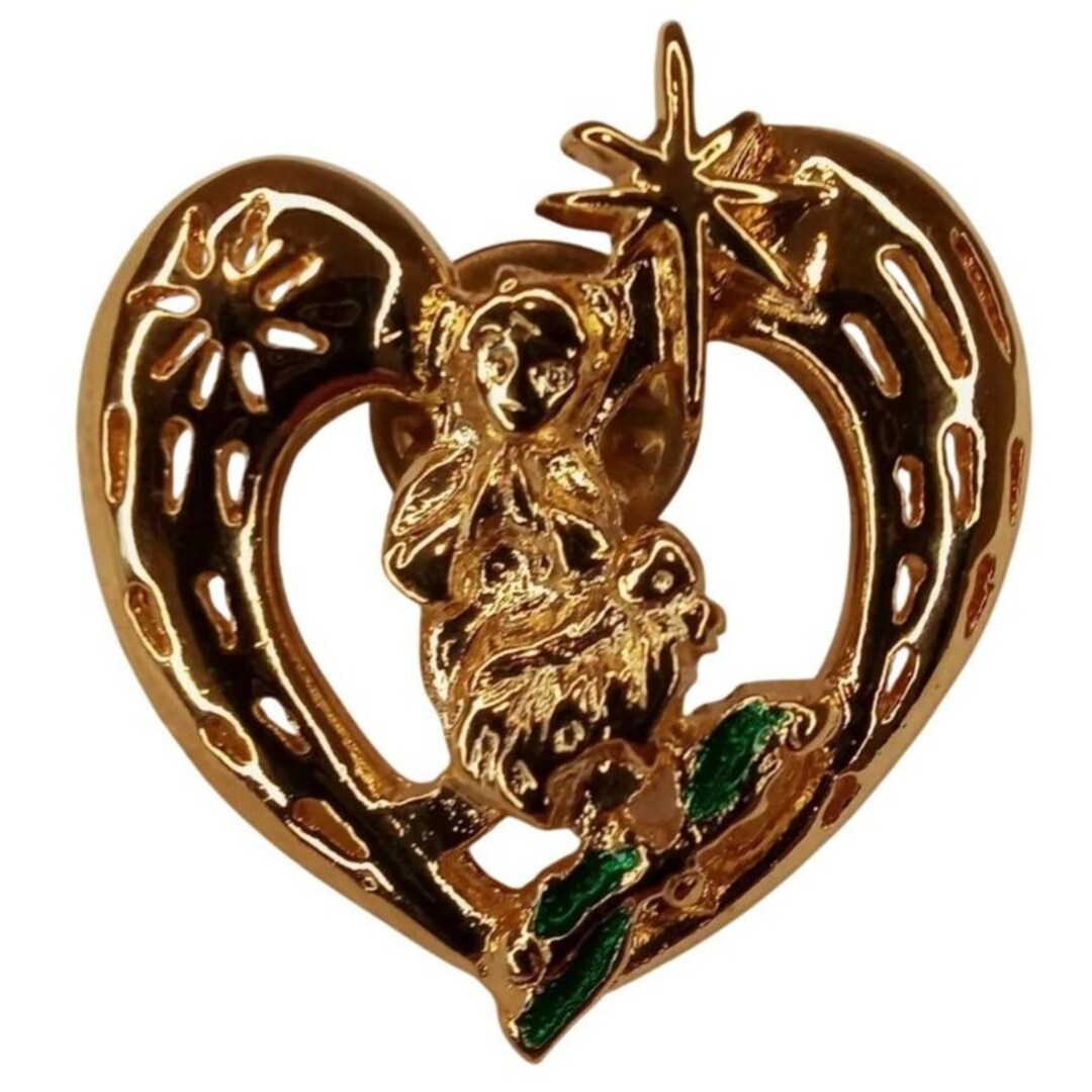 Mary Nativity Heart Lapel Pin Gold Tone Brooch Green Handcrafted USA ...