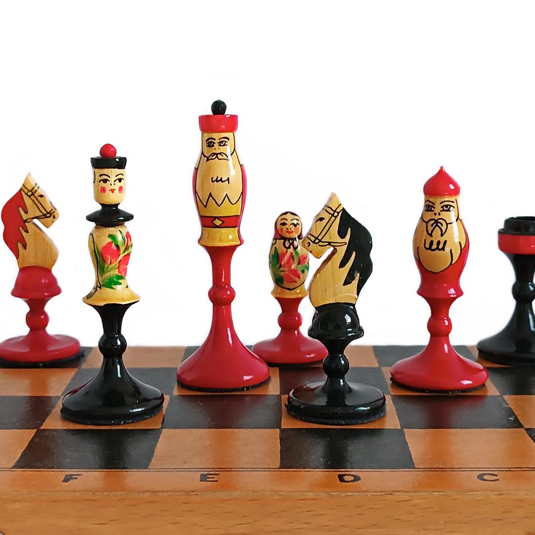 Antique Nesting Doll Wooden Chess Set Old Chess Board With Hand Painted ...