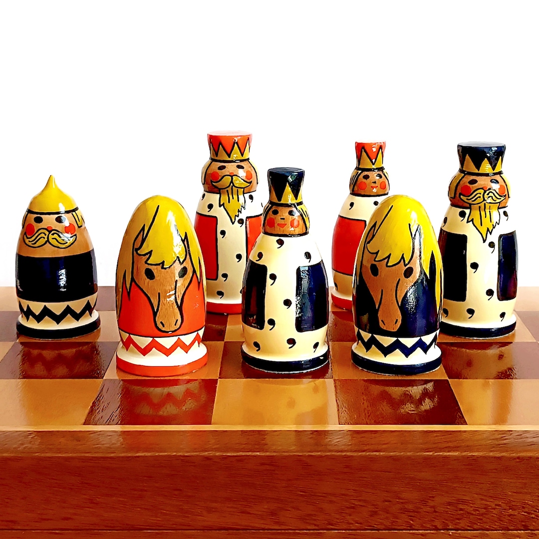 Large Kids Wooden Chess Set Nesting Doll Rare Olympic Antique Chess ...