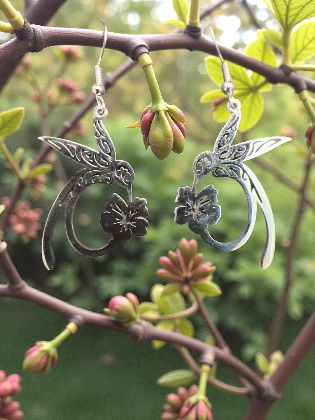 Hummingbird and Flower Dangle Earrings Made With .925 Silver Hooks for ...