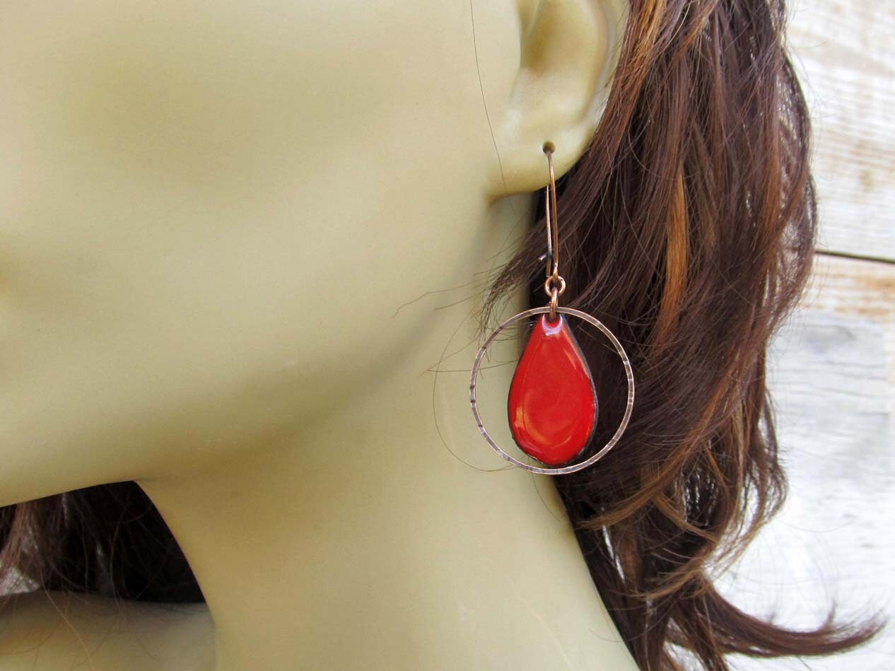 Red Earrings Enamel Earrings Copper Hoop earrings Boho dangle | Etsy