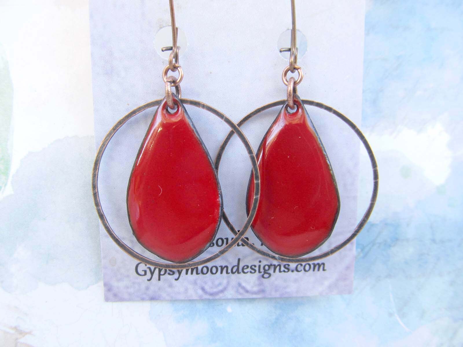 Red Earrings Enamel Earrings Copper Hoop earrings Boho dangle | Etsy