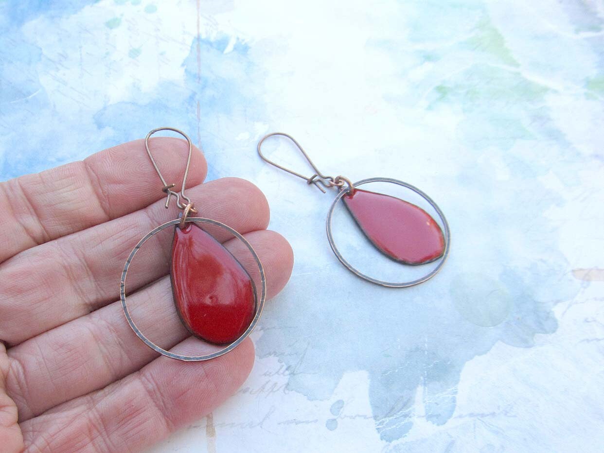 Red Earrings Enamel Earrings Copper Hoop earrings Boho dangle | Etsy