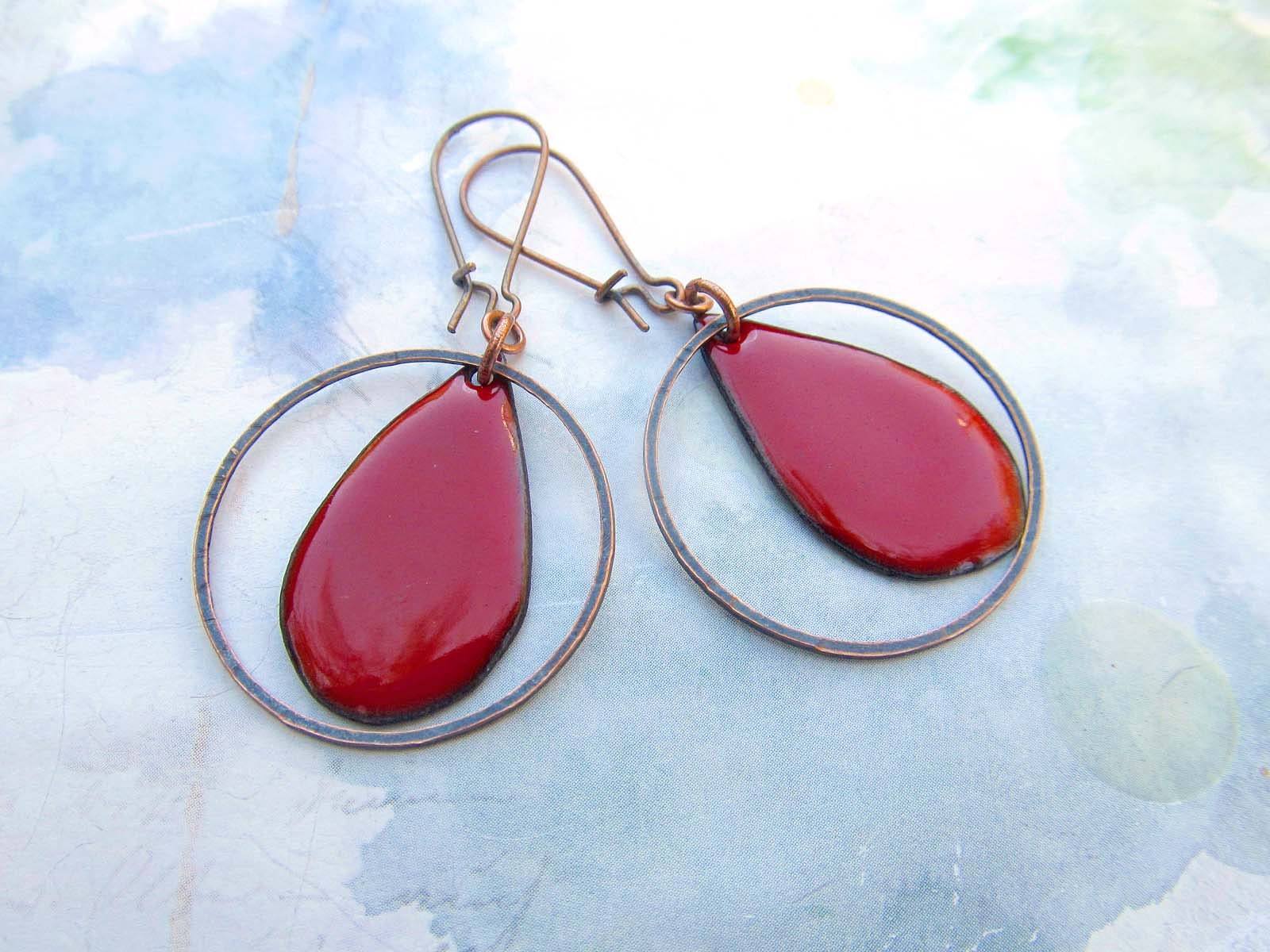Red Earrings Enamel Earrings Copper Hoop earrings Boho dangle | Etsy