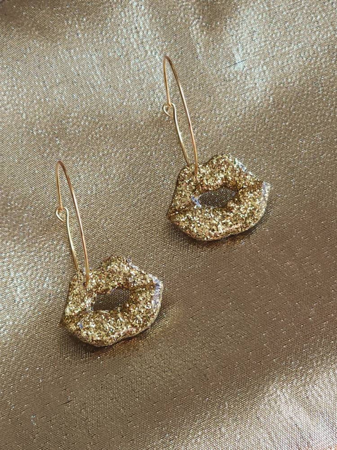 Gold Glitter Lips Hoop Earrings | 24k Gold Plated Brass - Etsy