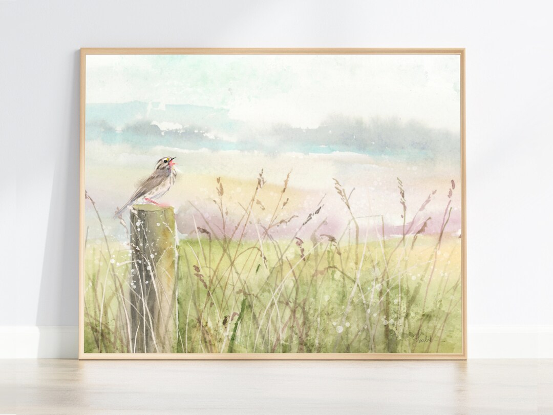 Sparrow Singing Watercolour Landscape Wall Art | Print - Etsy