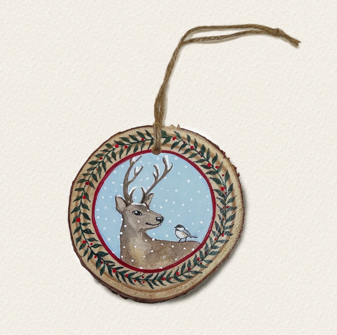 Reindeer Bird and Wreath Hand Painted Christmas Ornament - Etsy