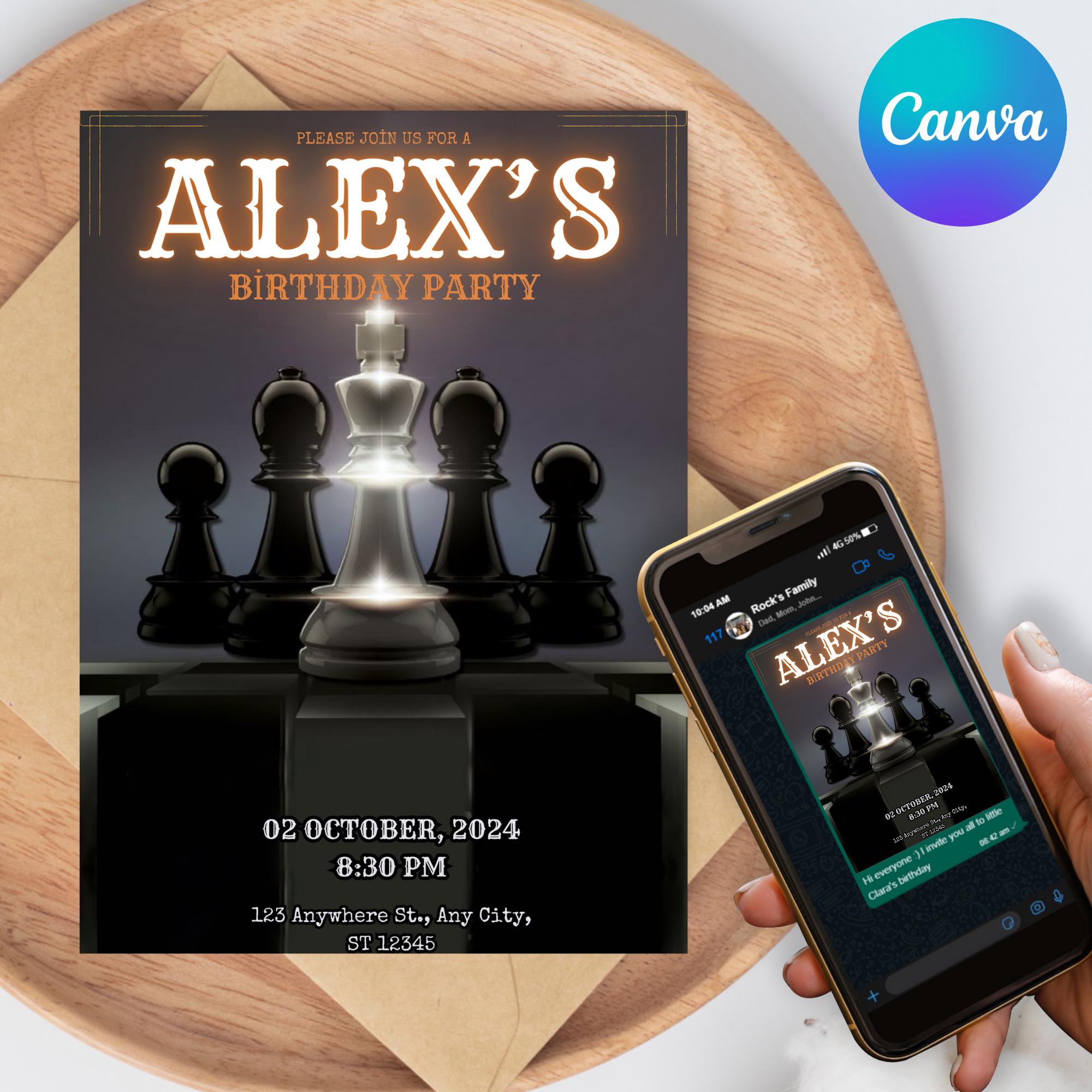 Editable Chess Birthday Party Digital Invitation Template, Check Mate ...