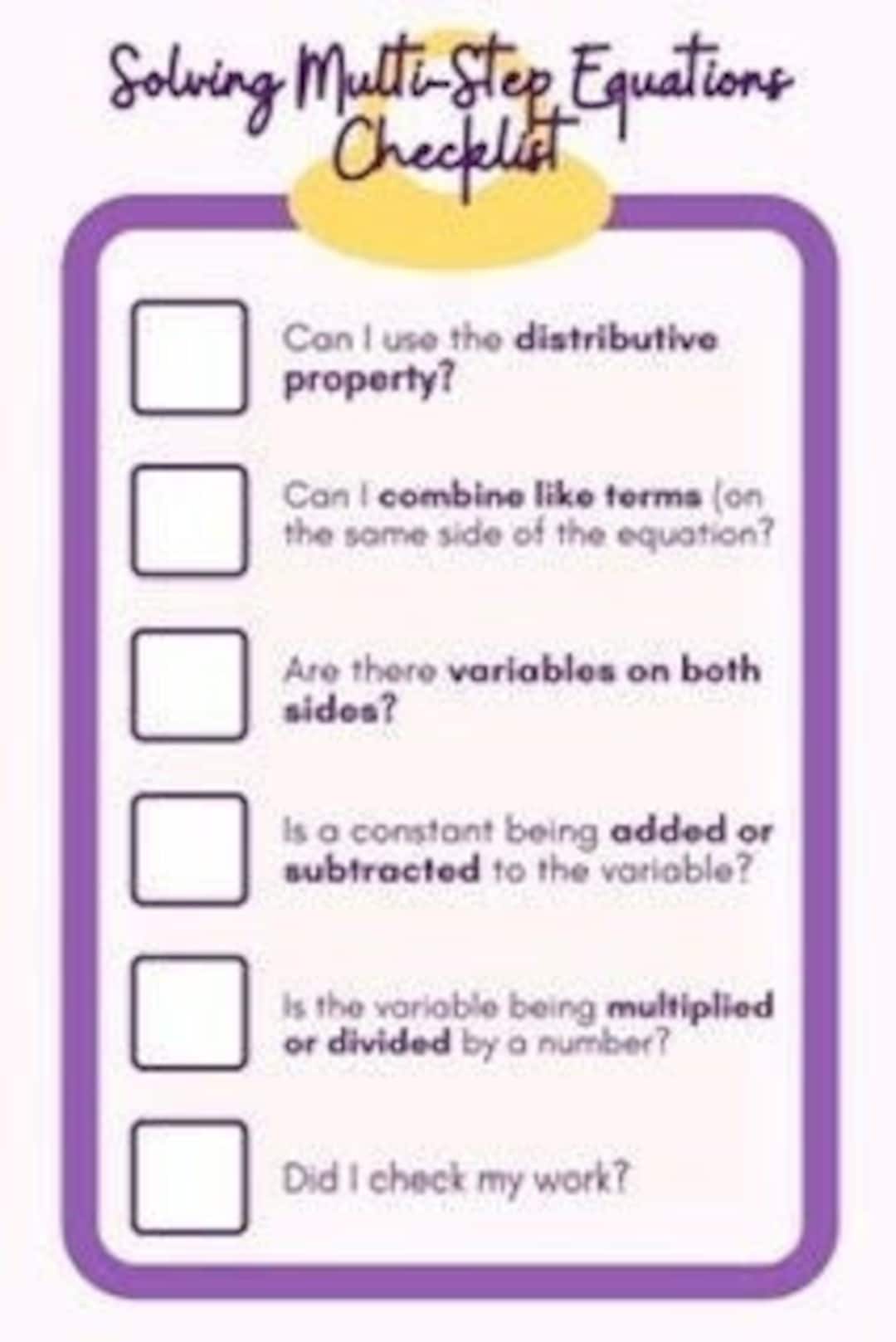 Multi-step Equation Checklist Digital Download Poster - Etsy