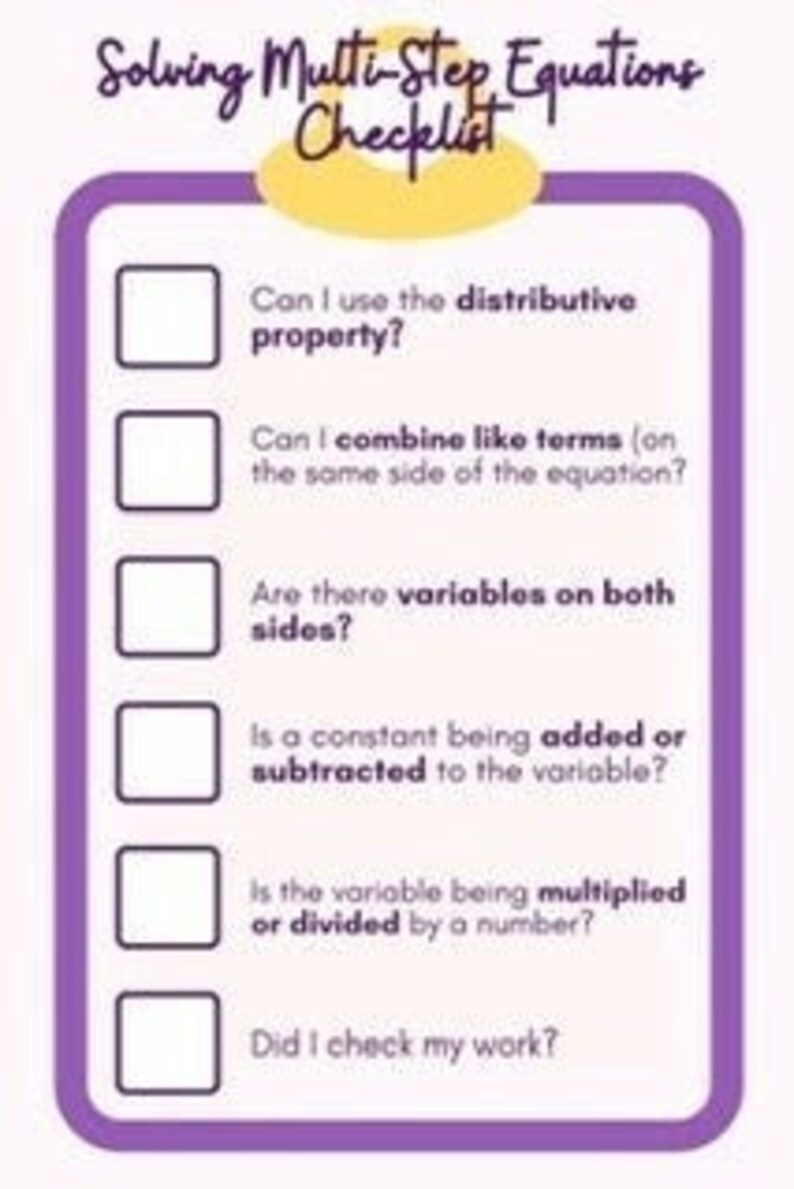 Multi-step Equation Checklist Digital Download Poster - Etsy