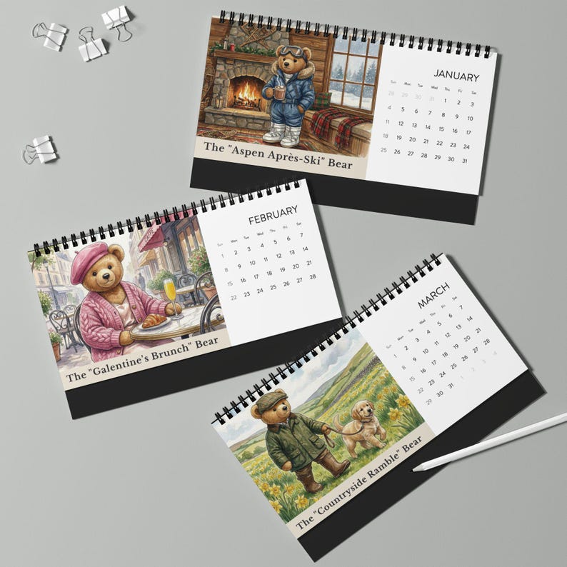 2026 Preppy Bear Desktop Calendar, Fashion Art Monthly Planner - Etsy