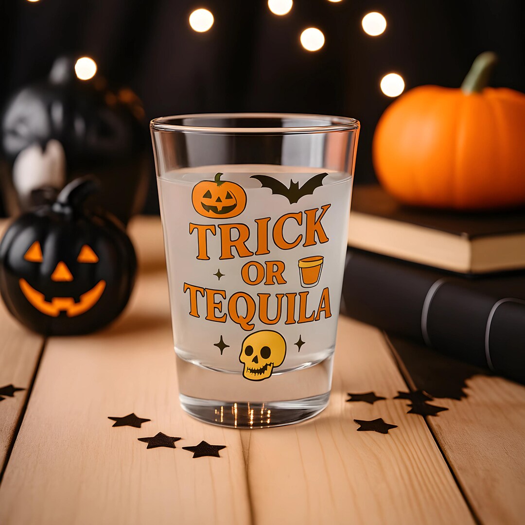Trick or Tequila Halloween Shot Glass: Spooky Skeleton & Pumpkin ...