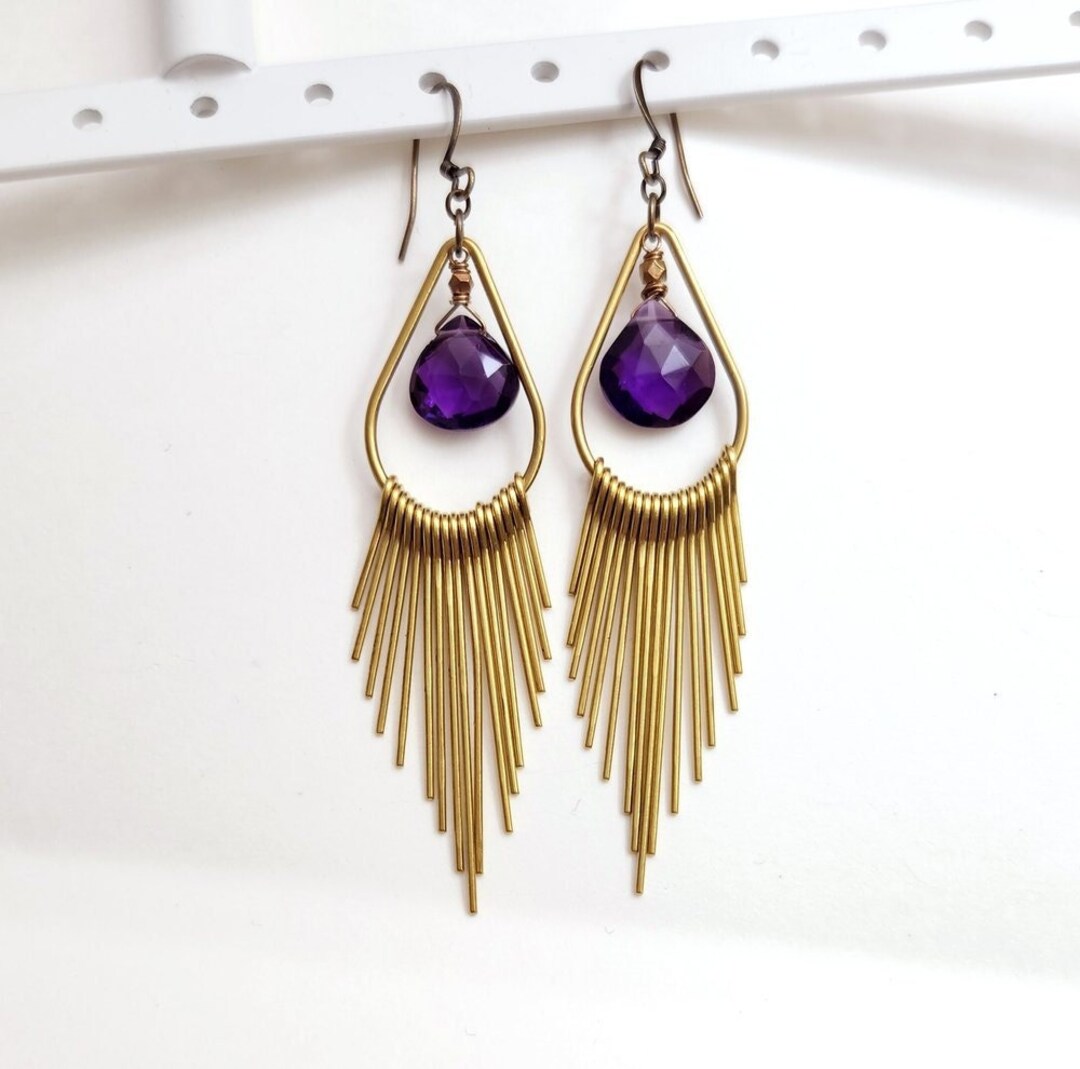 Purple Quartz Brass Teardrop Fringe Ray Earrings - Etsy