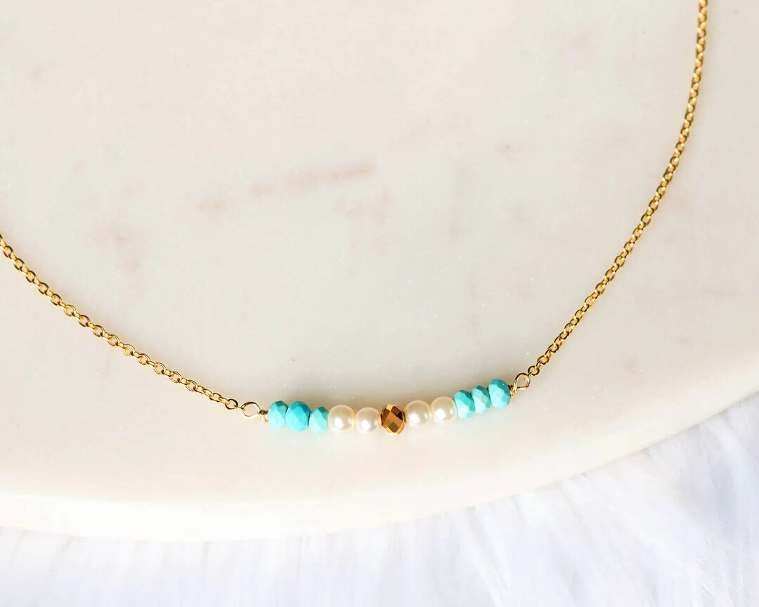 Y2K Gold Pearl, Turquoise and Metallic Crystal Arc Necklace - Etsy
