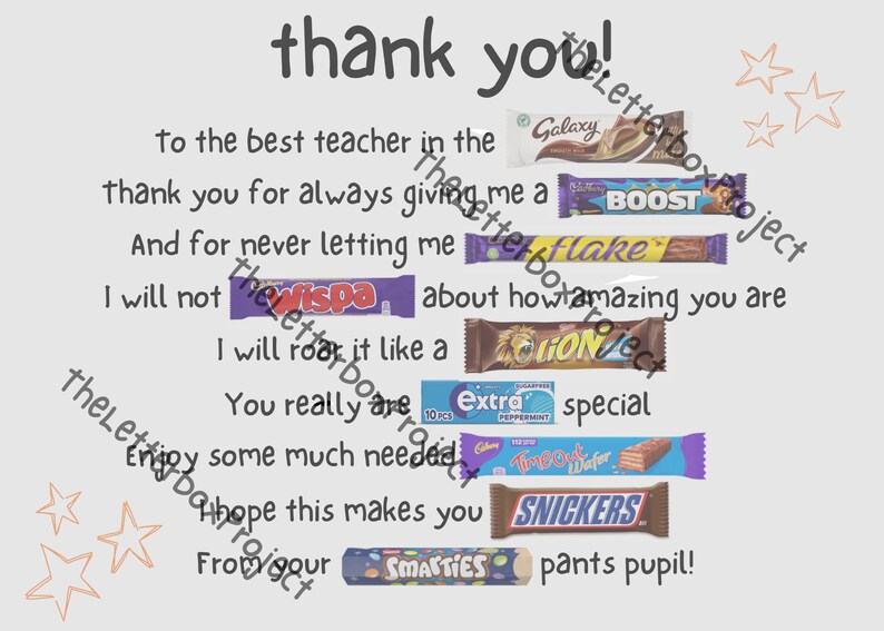 DIGITAL - Thank You Teacher Digital Chocolate Poem | Print at Home Poem ...