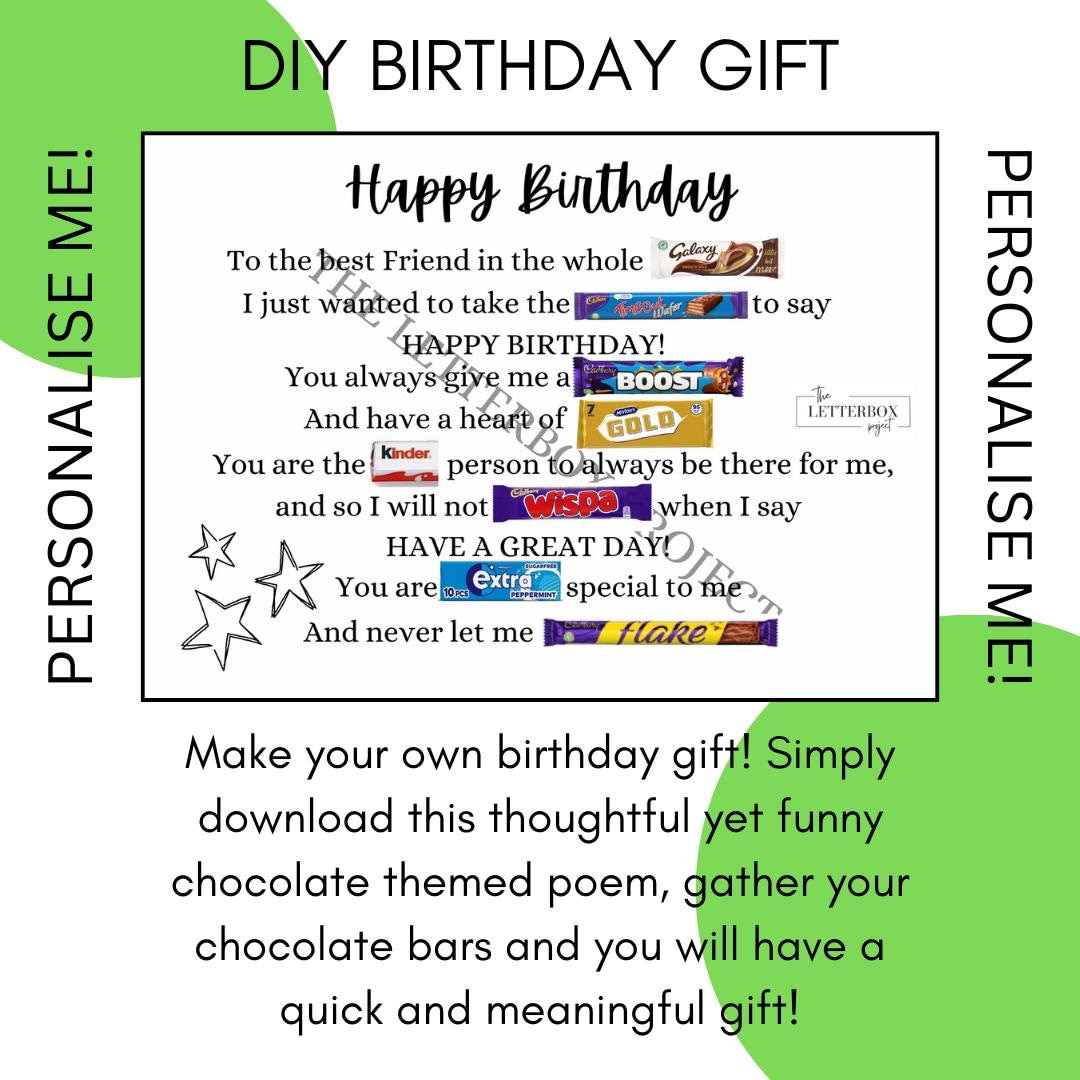 DIGITAL Happy Birthday Best Friend Chocolate Poem DIY Gift | Birthday ...