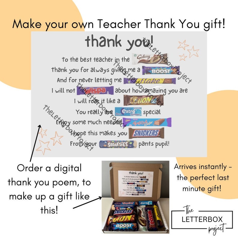 DIGITAL - Thank You Teacher Digital Chocolate Poem | Print at Home Poem ...